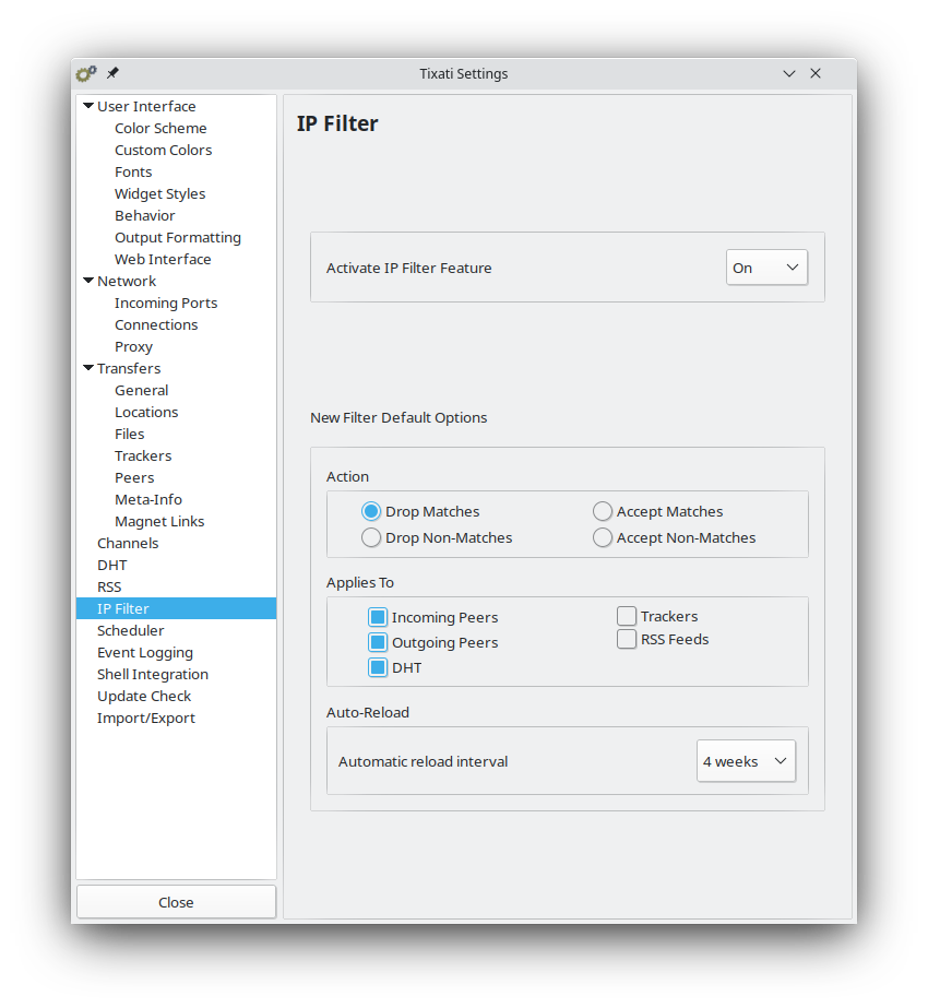 Settings - IP Filter - Tixati